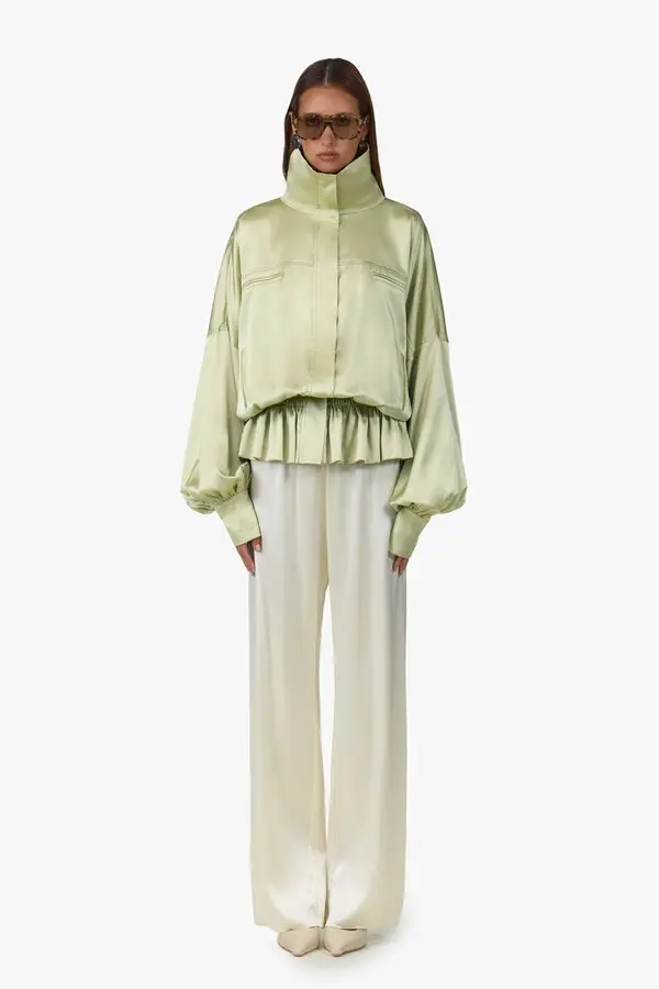 SAME Silk Peplum Bomber Jacket - Sage