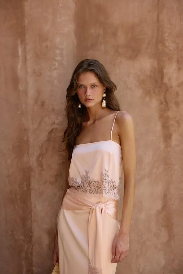 SAME Lace Trimmed Silk Tank - Rose Clay