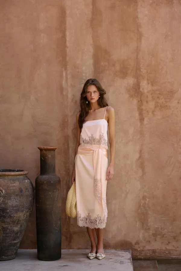 SAME Lace Silk Midi Skirt