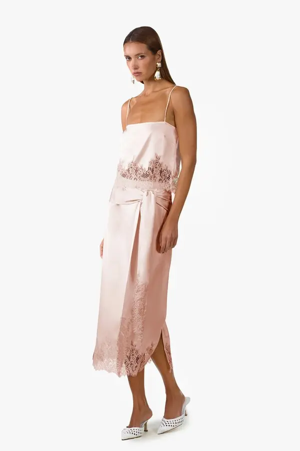 SAME Lace Trim Silk Midi Skirt - Rose Clay