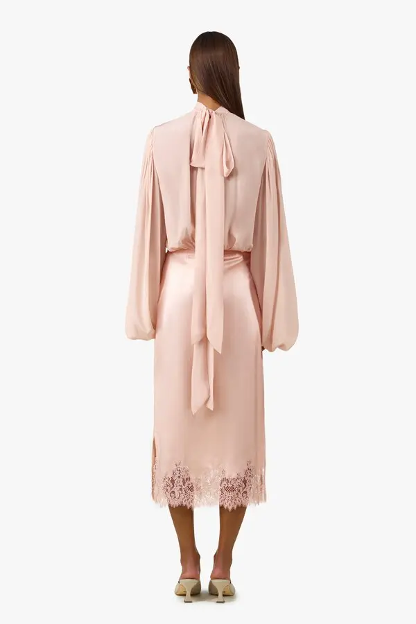 SAME Lace Trim Silk Midi Skirt - Rose Clay