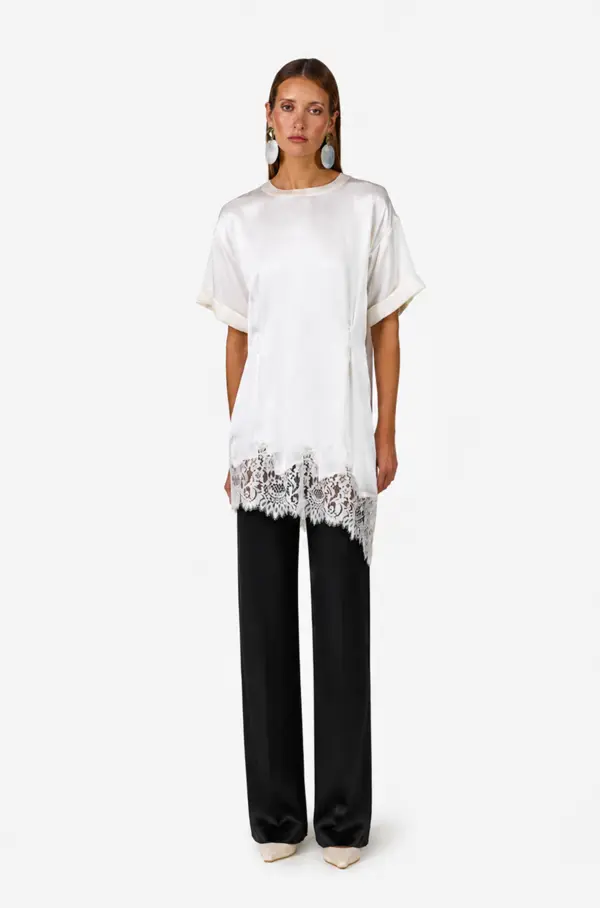 SAME Lace Silk Asymmetrical Dress - Cream