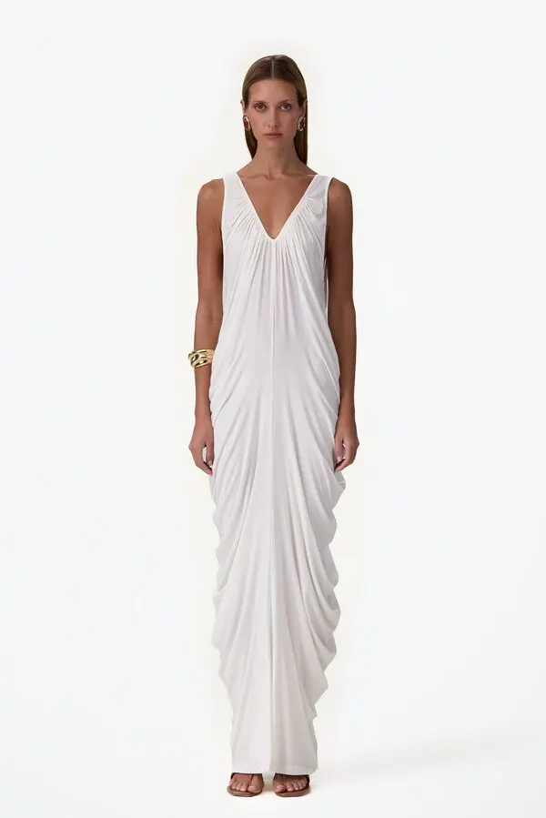 SAME Draped V-neck Maxi Gown - Cream