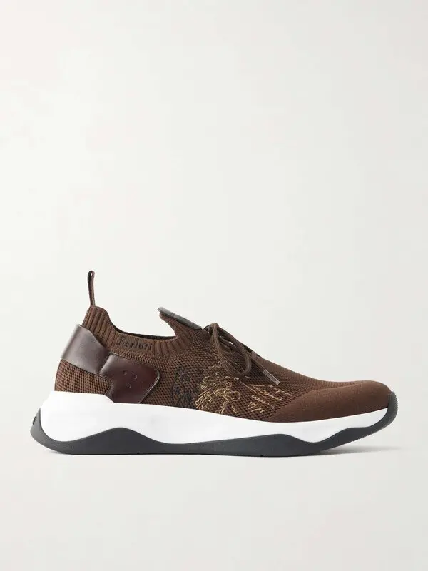Berluti Shadow Logo-embroidered Leather-trimmed Stretch-knit Sneakers - Brown