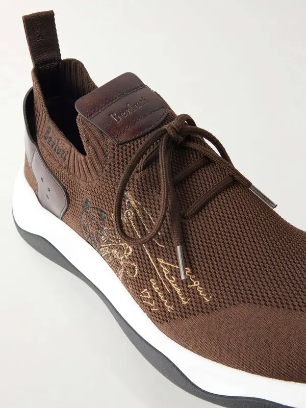 Berluti Shadow Logo-embroidered Leather-trimmed Stretch-knit Sneakers