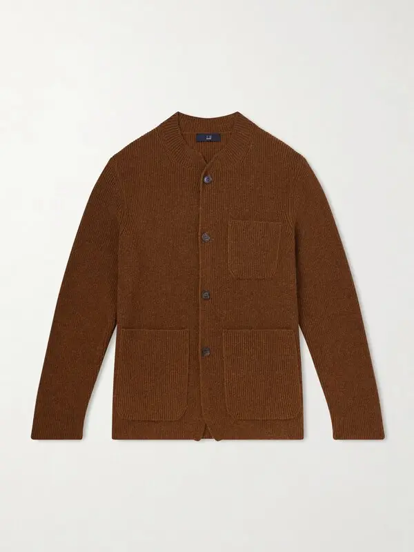 Dunhill Ribbed Camel Wool, Lambswool And Cashmere-blend Cardigan