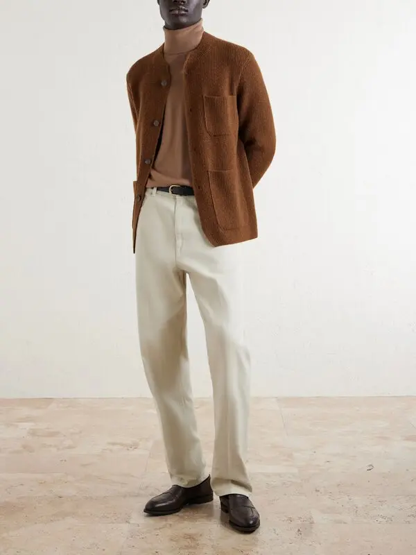 Dunhill Ribbed Camel Wool, Lambswool And Cashmere-blend Cardigan