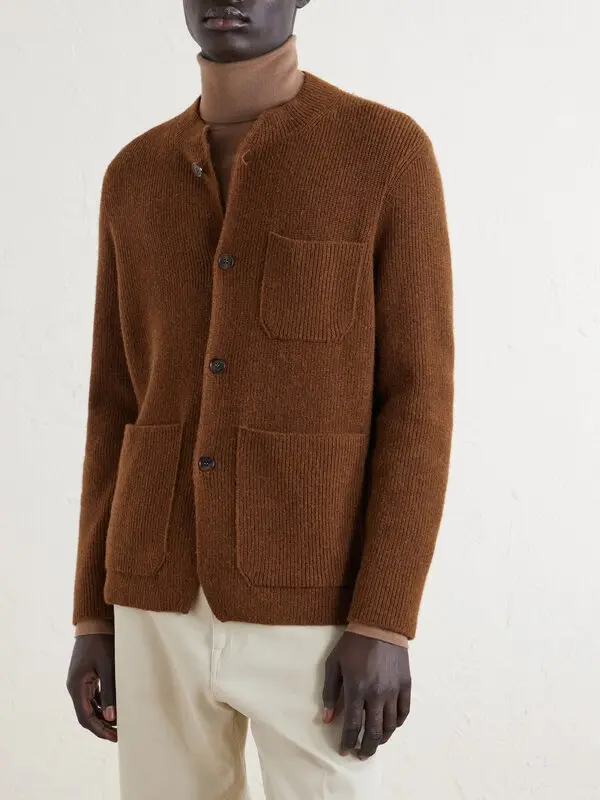 Dunhill Ribbed Camel Wool, Lambswool And Cashmere-blend Cardigan