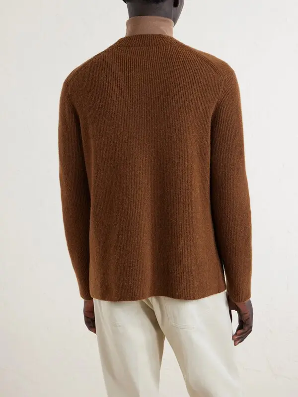 Dunhill Ribbed Camel Wool, Lambswool And Cashmere-blend Cardigan