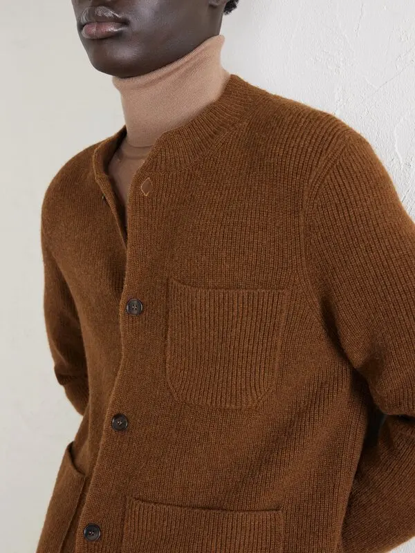 Dunhill Ribbed Camel Wool, Lambswool And Cashmere-blend Cardigan