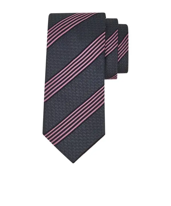 FERRAGAMO Regimental Gancini Silk Jacquard Tie - Grey/pink