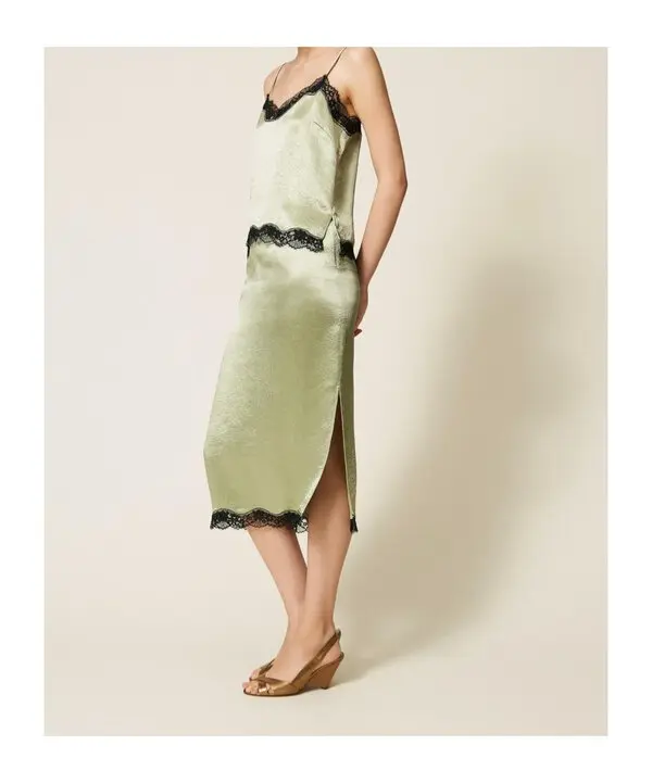 TWINSET Satin Midi Skirt With Lace Trim