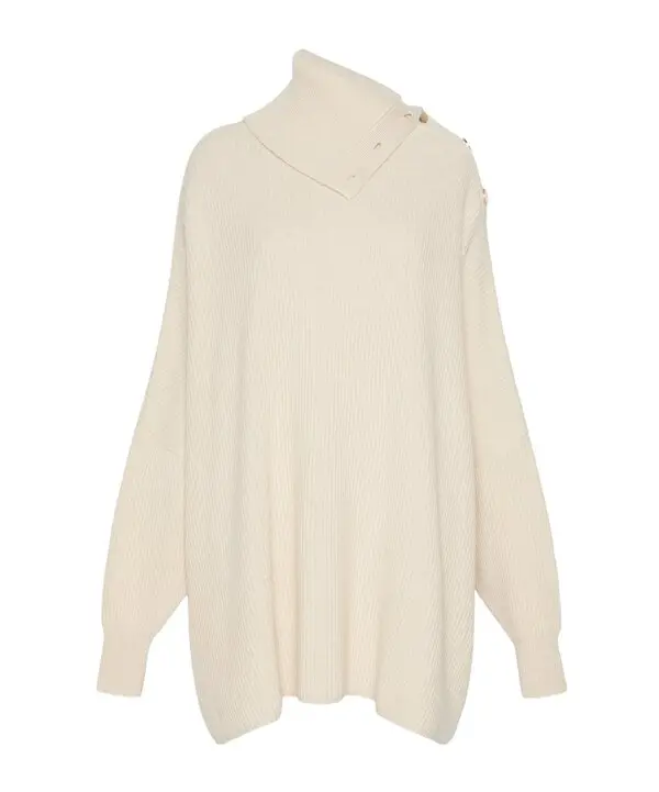 Sportmax Long-sleeved Asymmetrical Collar Dress With Decorative Buttons - Beige
