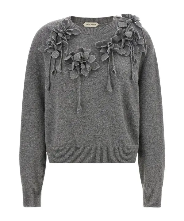Alberta Ferretti Wool Sweater With Raised Embroidered Flowers - Grey