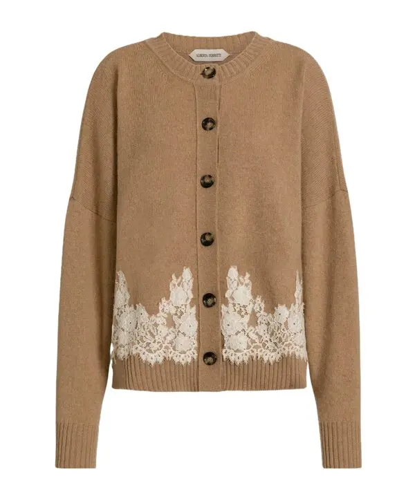 Alberta Ferretti Cashmere Cardigan With Lace Hem - Light Brown
