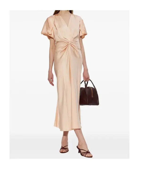 Victoria Beckham Gathered V-neck Midi Dress - Pink