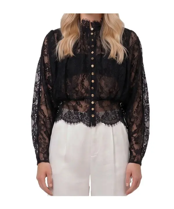 SELF-PORTRAIT Lace High Neck Blouse - Black