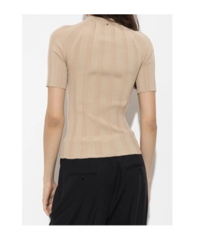 Sportmax Ribbed Knit Round Neck Short Sleeve Top With Button Detail - Beige