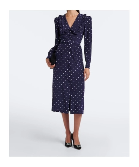 Alessandra Rich Polka Dot Silk Midi Dress With Ruffled Collar