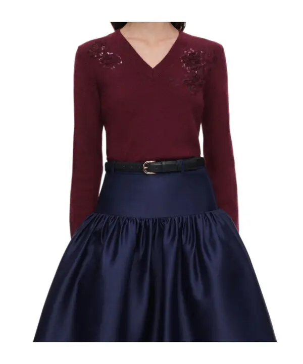 SELF-PORTRAIT Burgundy Flower Wool Jumper - Wine Red