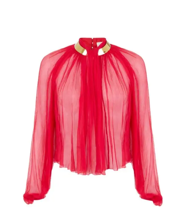 Elisabetta Franchi Blouse In Crepon Fabric With Jewel Collar - Enthusiastic Red