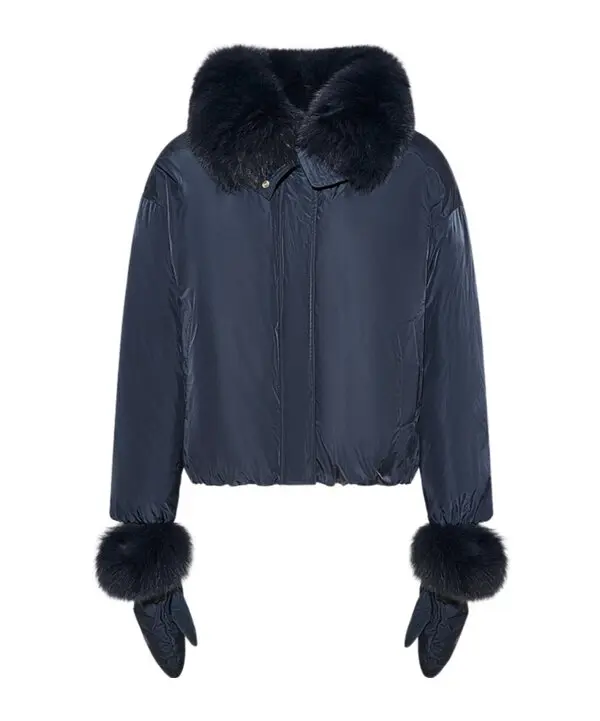 YVES SALOMON Short Technical Fabric Down Jacket With Detachable Fox Fur Collar - Navy