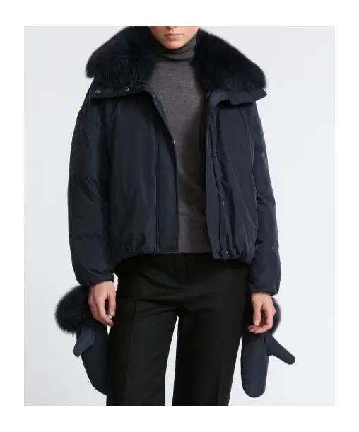 YVES SALOMON Detachable Collar Down Jacket With Fox Fur Trim - Navy