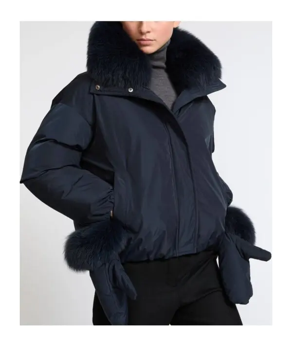 YVES SALOMON Detachable Collar Down Jacket With Fox Fur Trim - Navy