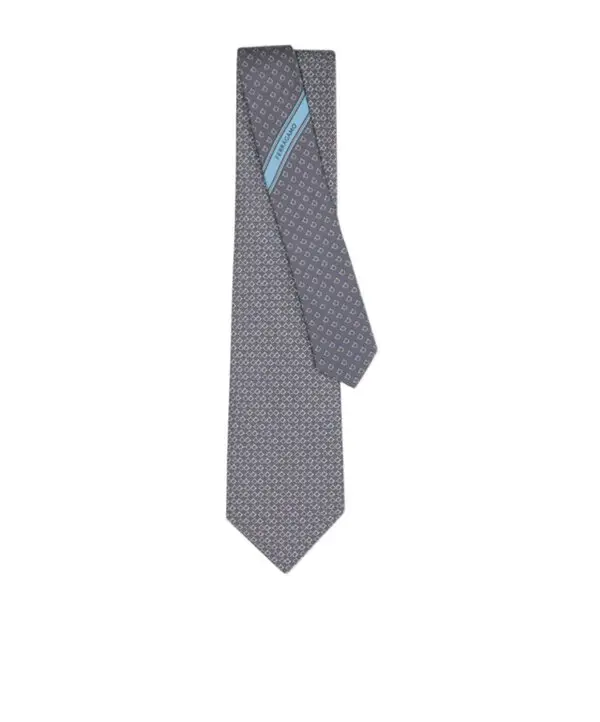 FERRAGAMO Gancini Square Print Silk Tie - Grey
