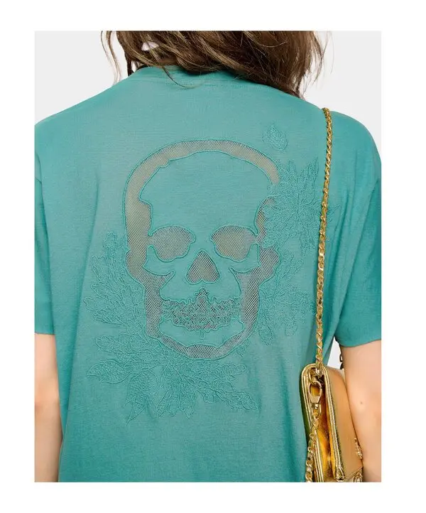 Zadig&Voltaire V-neck T-shirt With Fishnet Skull Detail - Green