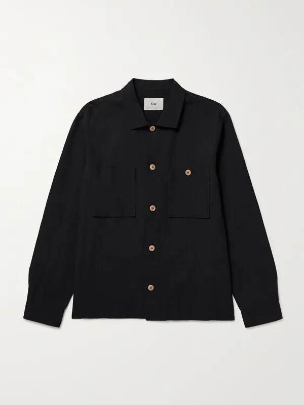Folk Patch Linen And Cotton-blend Overshirt - Blue