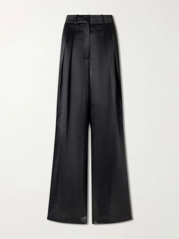 ABADIA Pleated Satin High-waist Wide-leg Pants - Black
