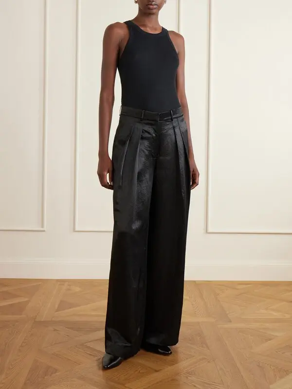 ABADIA Pleated Satin High-waist Wide-leg Pants