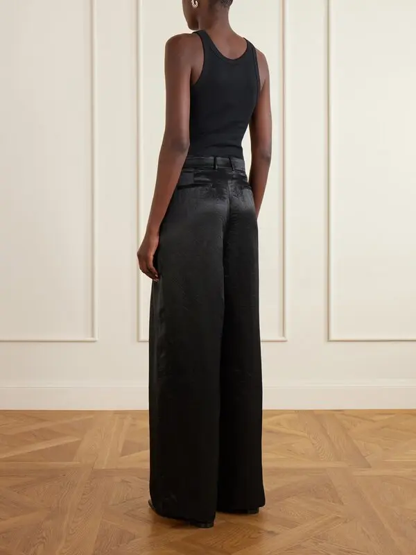 ABADIA Pleated Satin High-waist Wide-leg Pants