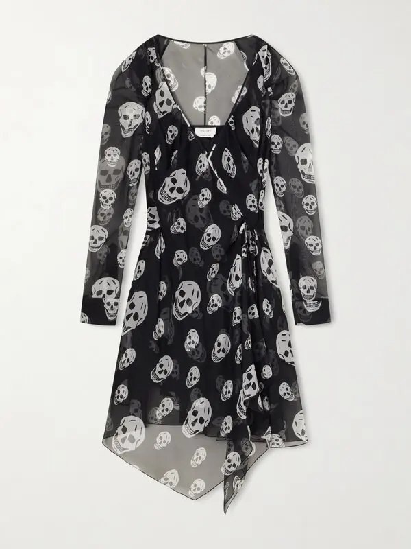 Alexander McQueen Printed Silk Georgette Mini Dress - Black