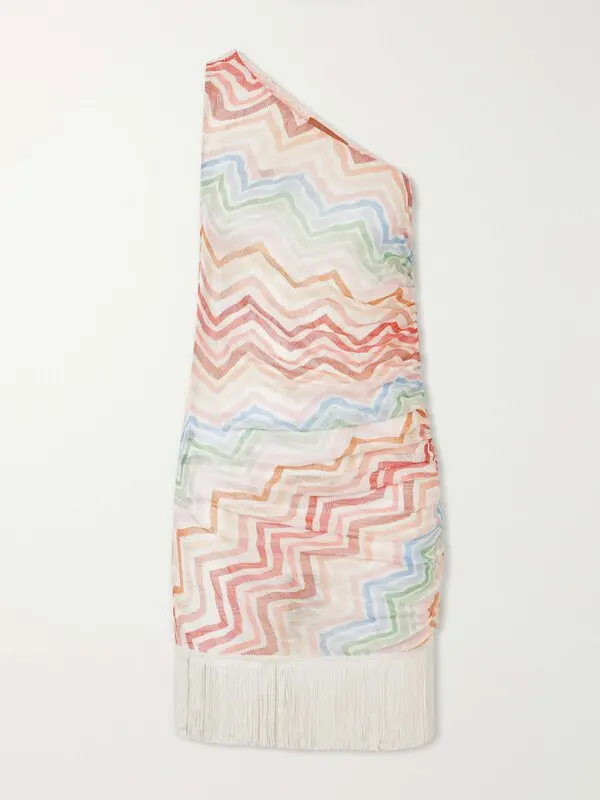 Missoni One-shoulder Fringed Striped Mesh Mini Dress - Pink