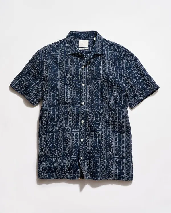 Billy Reid Short Sleeve Geo Stitch Embroidered Treme Shirt - Blue