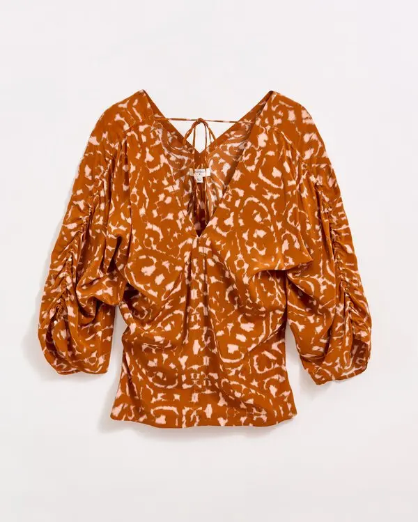 Billy Reid Moroccan Screen Silk Ruched Blouse - Terra