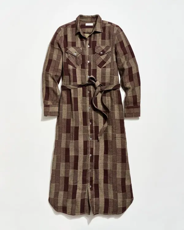 Billy Reid Abstract Heirloom Check Maxi Shirt Dress - Green Brown