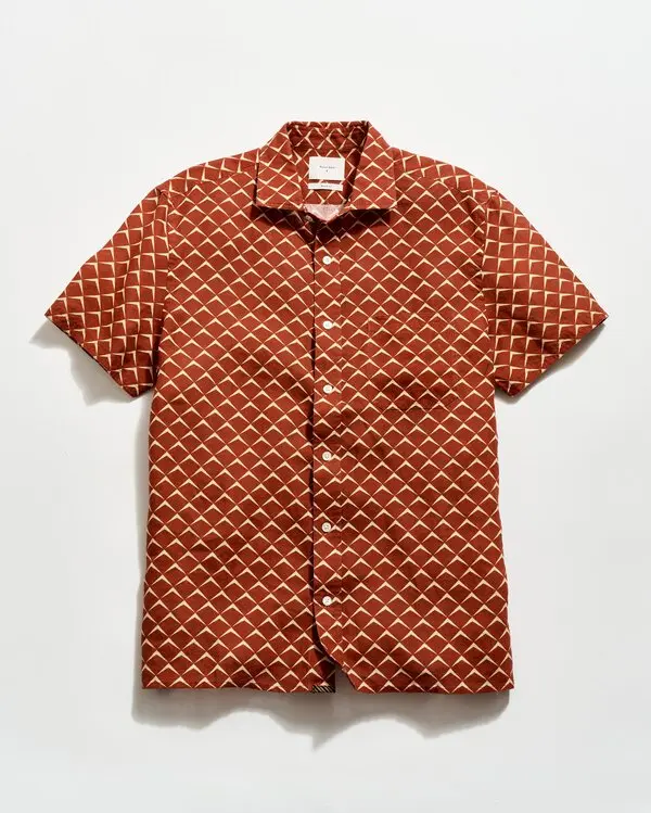 Billy Reid Short Sleeve Pagoda Tile Linen Treme Shirt - Umber