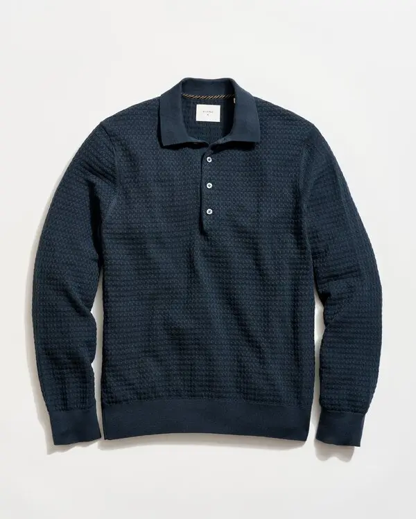 Billy Reid Long Sleeve Grid Links Sweater Polo - Blue