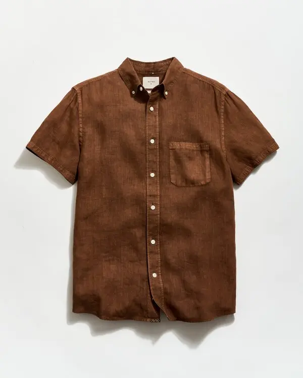 Billy Reid Short Sleeve Linen Tuscumbia Shirt Button Down - Oak Brown