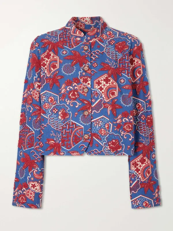 Alix Of Bohemia Clarke Delft Hive Cropped Embellished Cotton Jacket - Blue