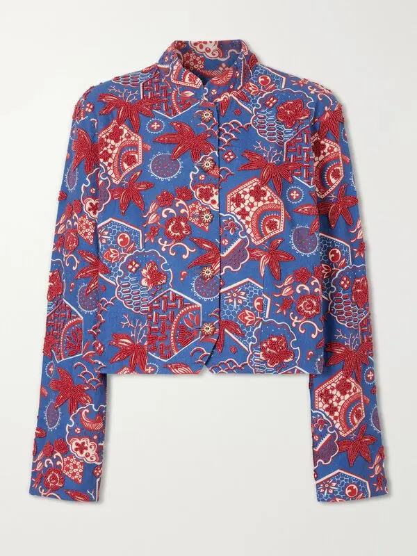 Alix Of Bohemia Clarke Delft Hive Cropped Embellished Printed Cotton Jacket - Blue