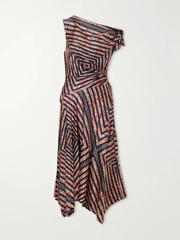 Staud Portia One-shoulder Ruched Printed Silk-blend Midi Dress - Multi