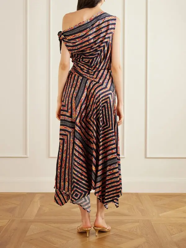 Staud Portia One-shoulder Ruched Printed Silk-blend Midi Dress - Multi
