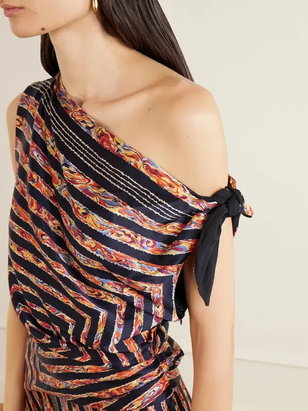Staud Portia One-shoulder Ruched Printed Silk-blend Midi Dress - Multi