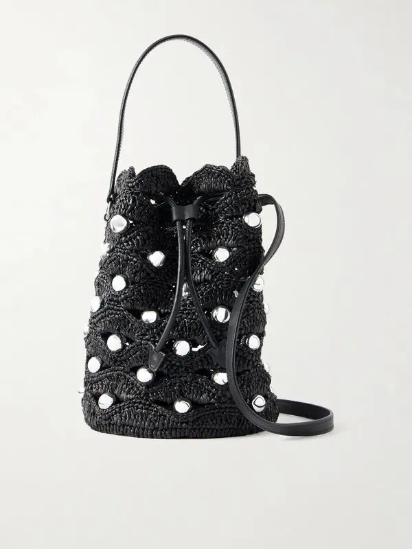 Rabanne Embellished Raffia Bucket Bag - Black