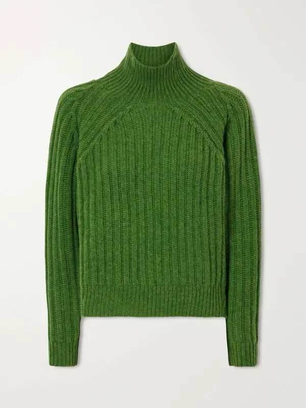 ALLUDE Ribbed Cashmere Turtleneck Sweater - Green