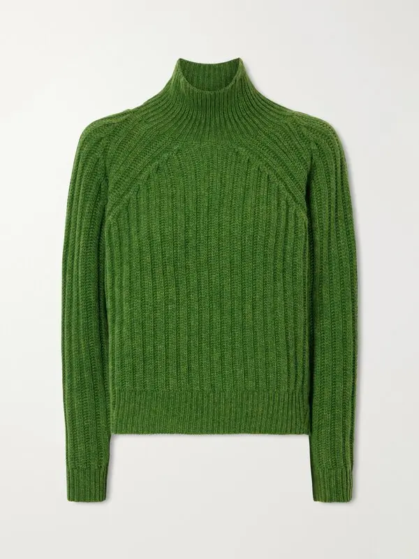 ALLUDE Ribbed Cashmere Turtleneck Sweater - Green